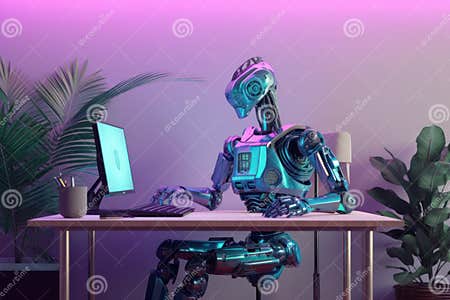 Robot Bot with Laptop Computer. New Technologies. Artificial ...