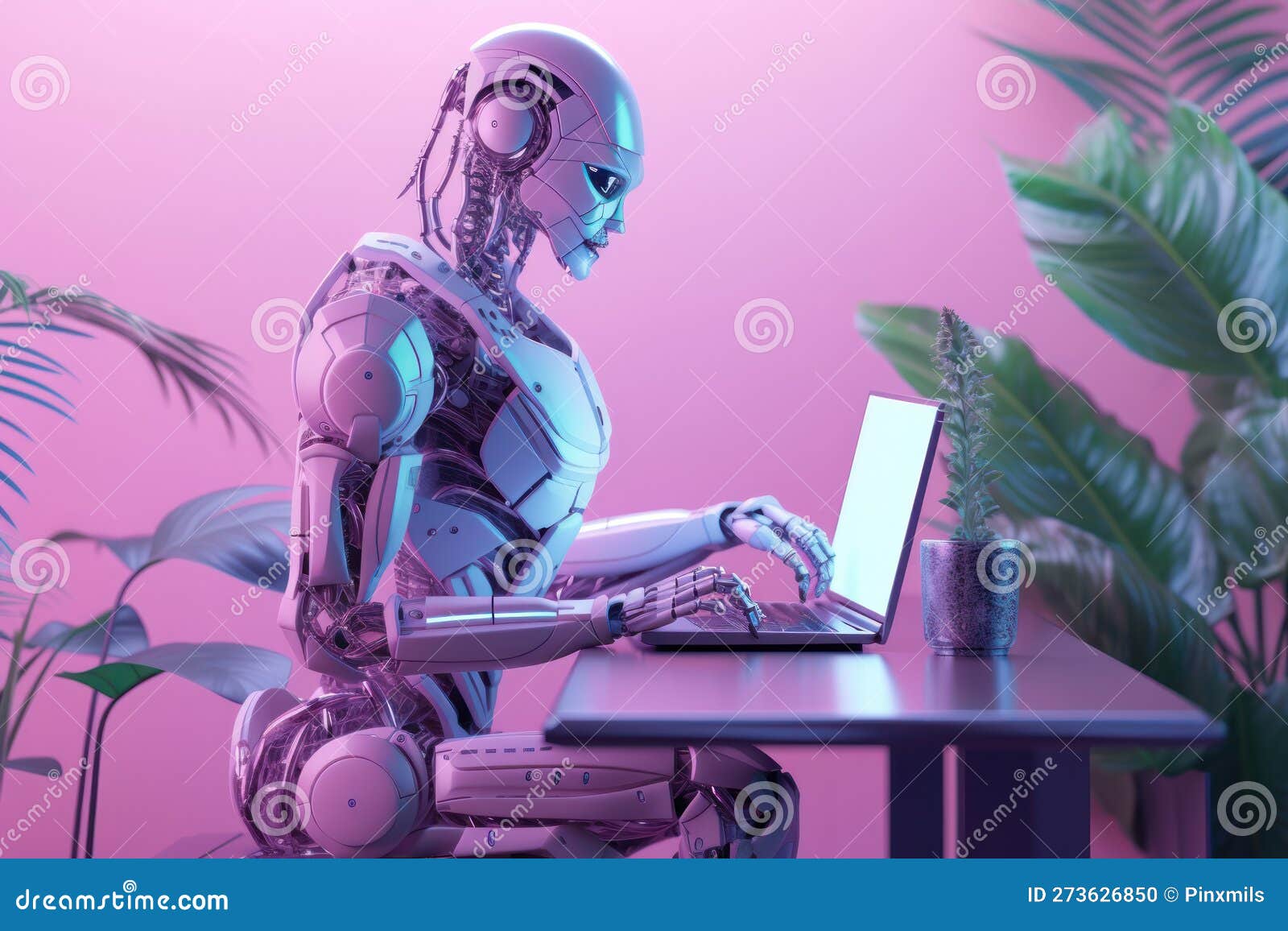Robot Bot with Laptop. New Technologies. Artificial Intelligence. GPT ...