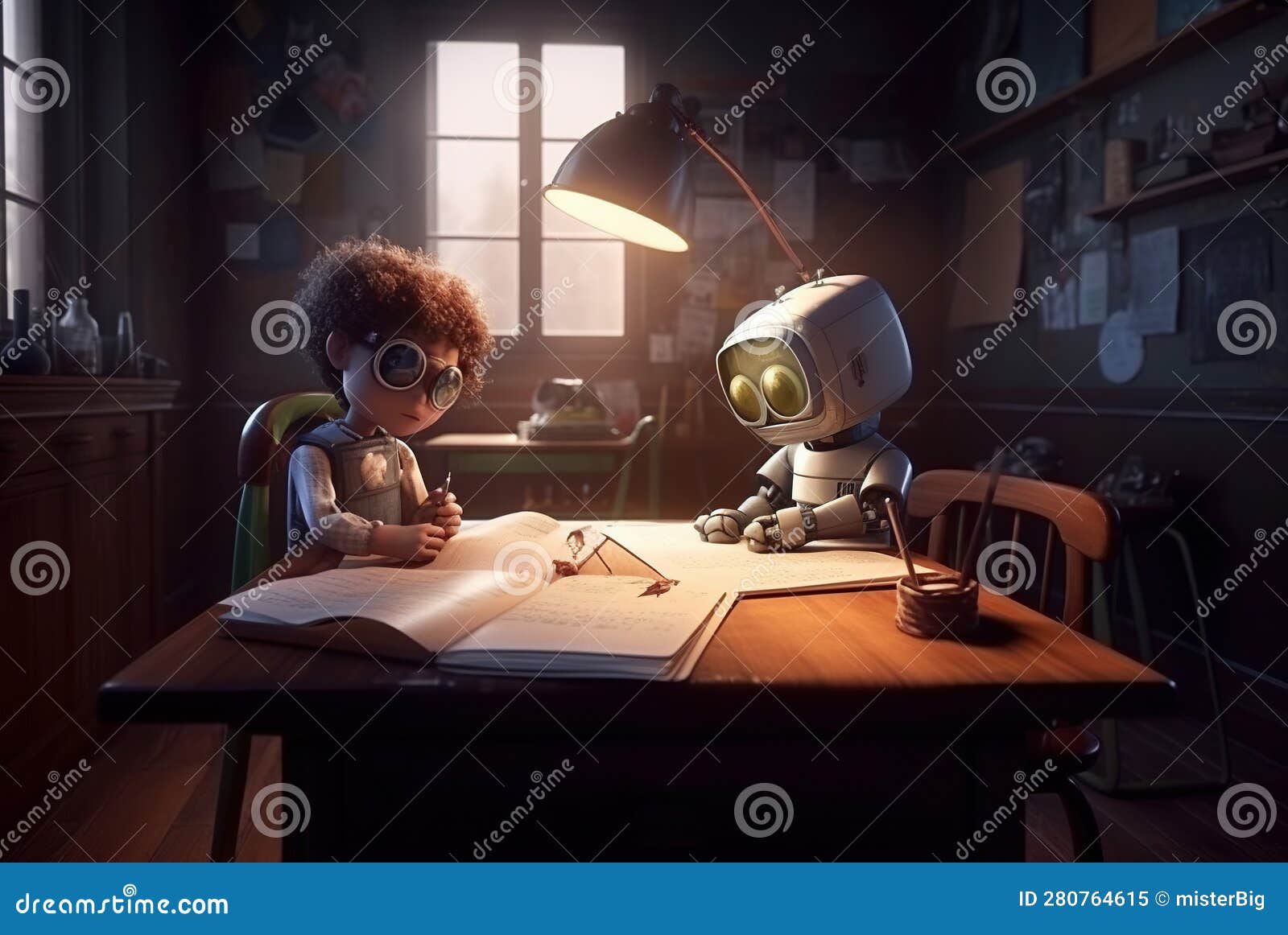 The Robot and the Boy Do Their Homework Together Stock Illustration ...