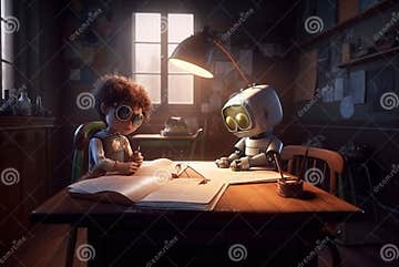 The Robot and the Boy Do Their Homework Together Stock Illustration ...