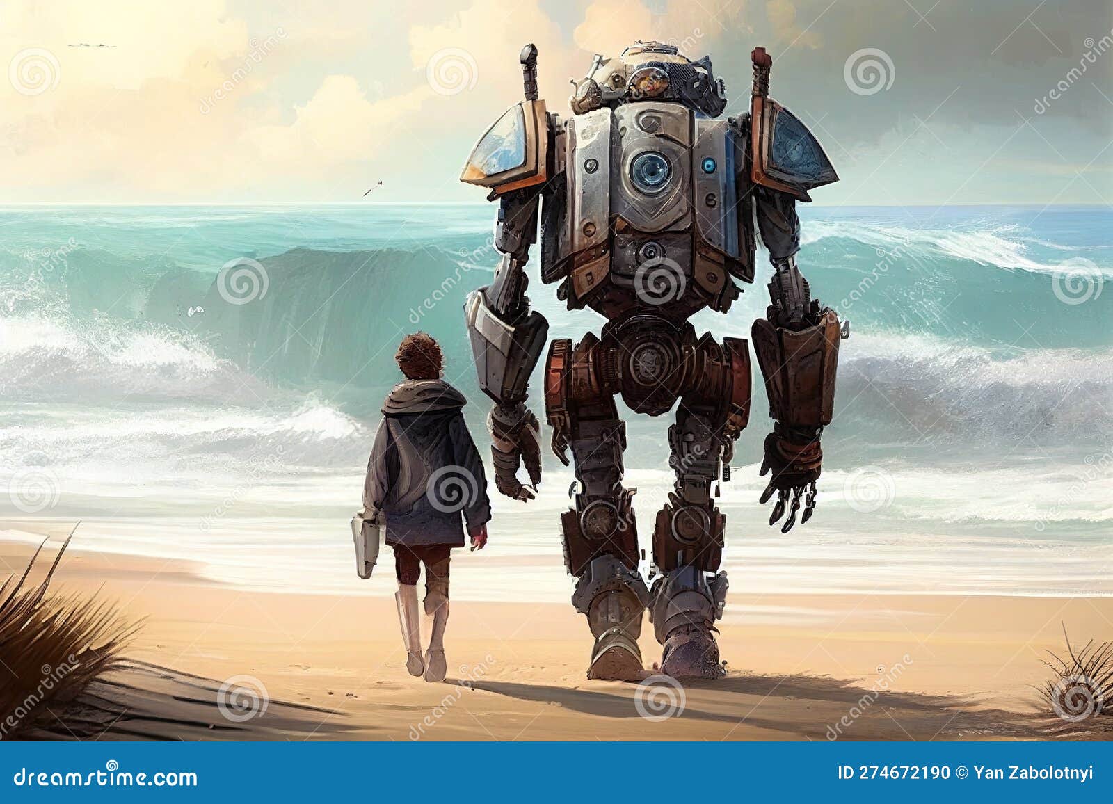 Robot and Boy Go To the Ocean, Anime Style. Generative AI Stock ...