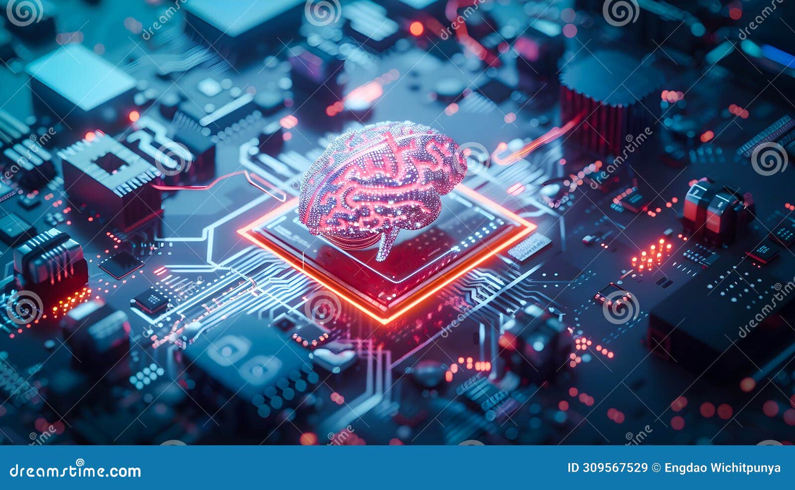 Robot Brain on Circuit Board in Red and Gray Digital Art Stock ...