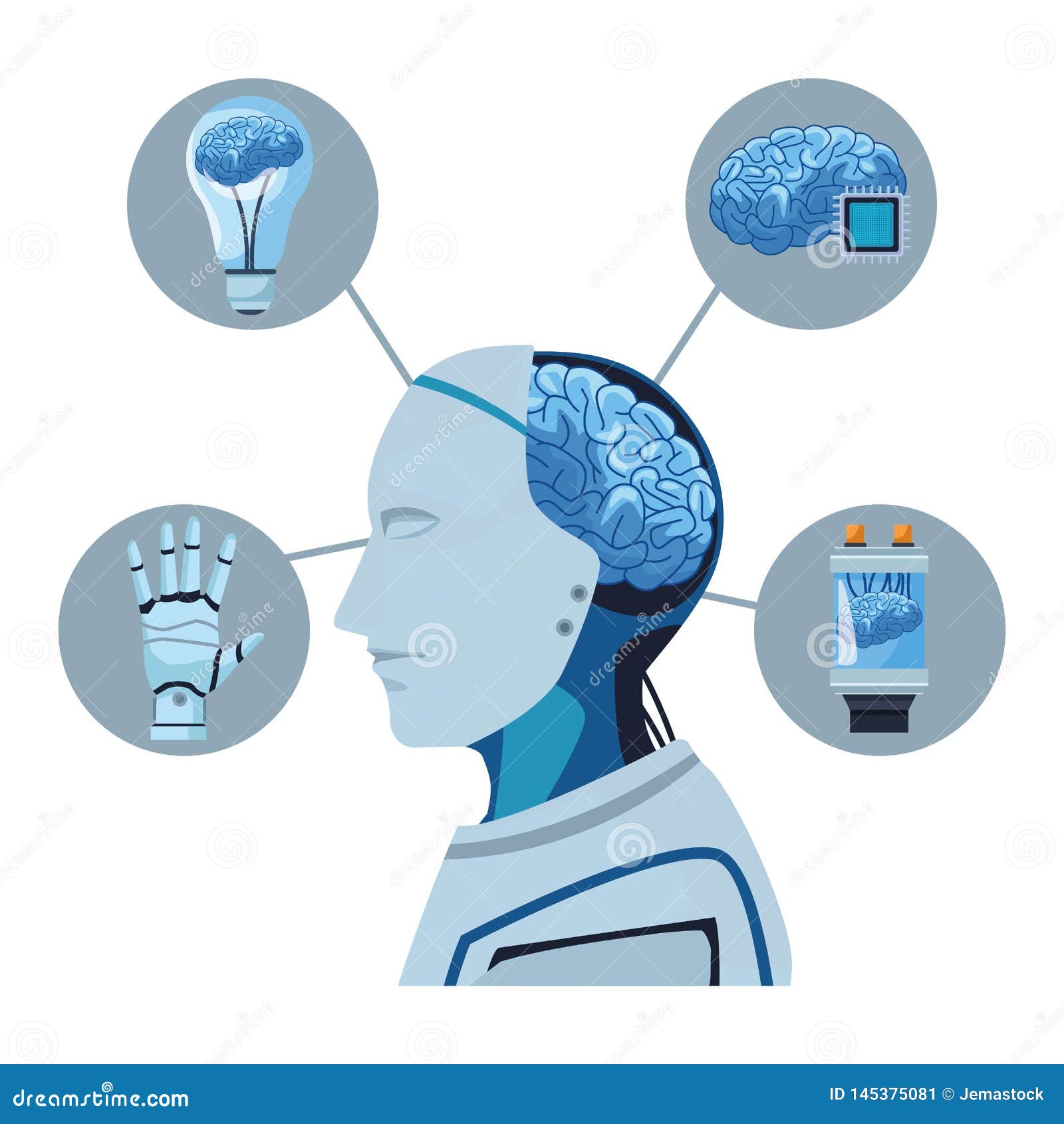 Robot with brain exposed stock vector. Illustration of bulb - 145375081