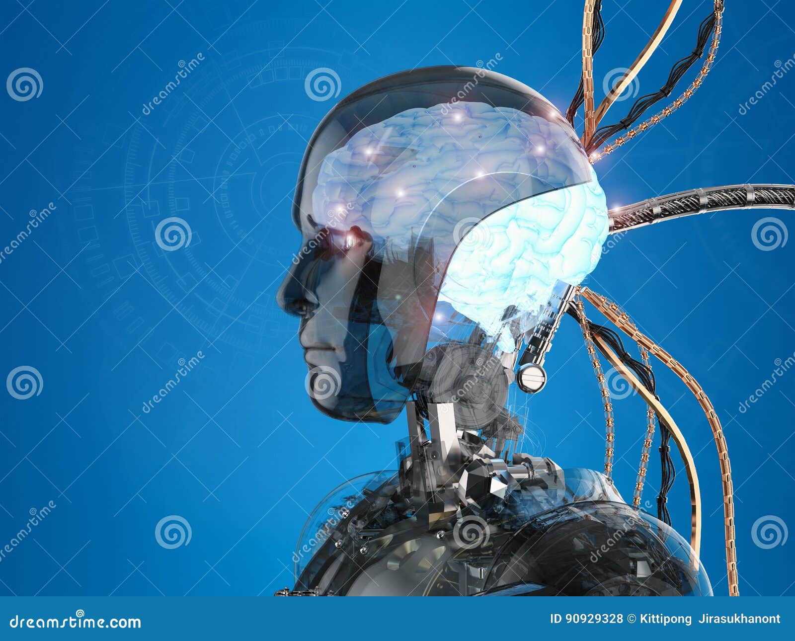 Robot with brain and wires stock illustration. Illustration of humanoid ...