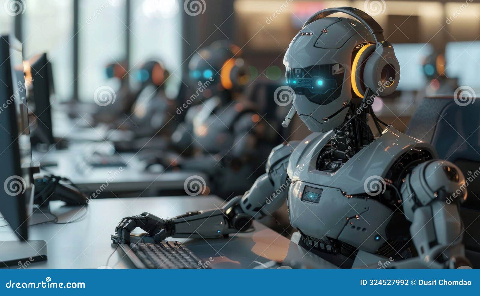 A Robot in a Brightly Lit Call Center Environment, Answering Calls and ...