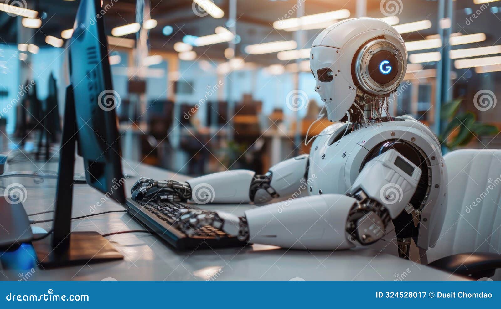 A Robot in a Brightly Lit Call Center Environment, Answering Calls and ...