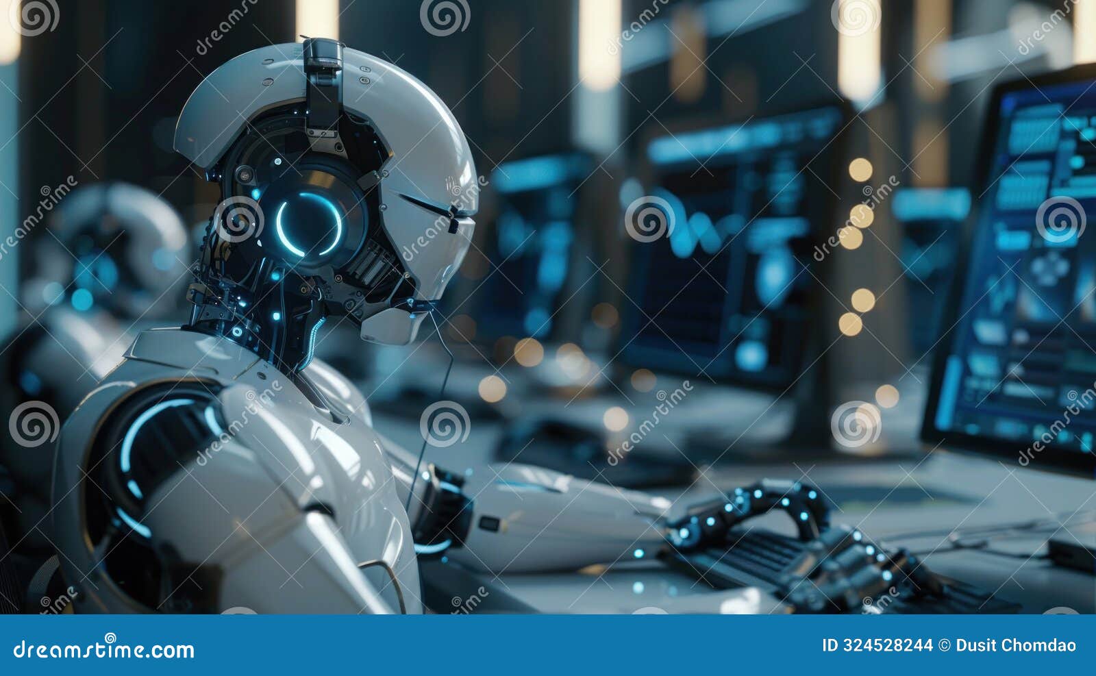 A Robot in a Brightly Lit Call Center Environment, Answering Calls and ...