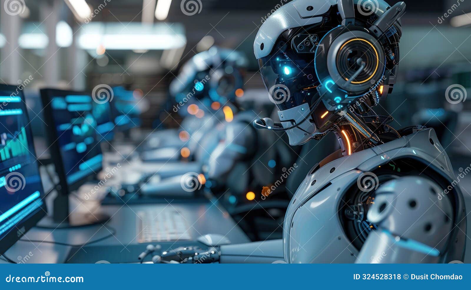 A Robot in a Brightly Lit Call Center Environment, Answering Calls and ...