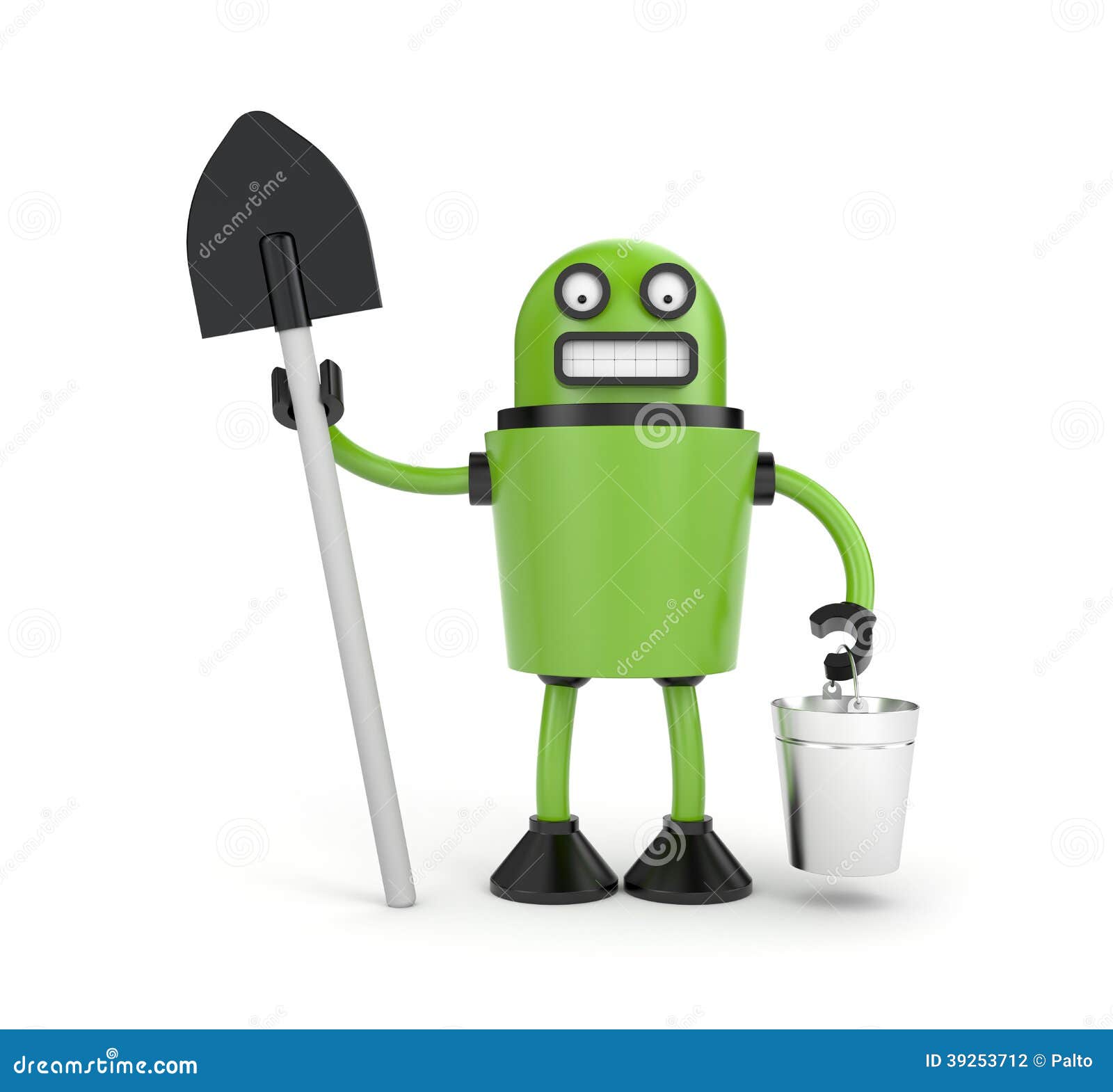 Robot with Bucket and Shovel Stock Illustration - Illustration of grow ...