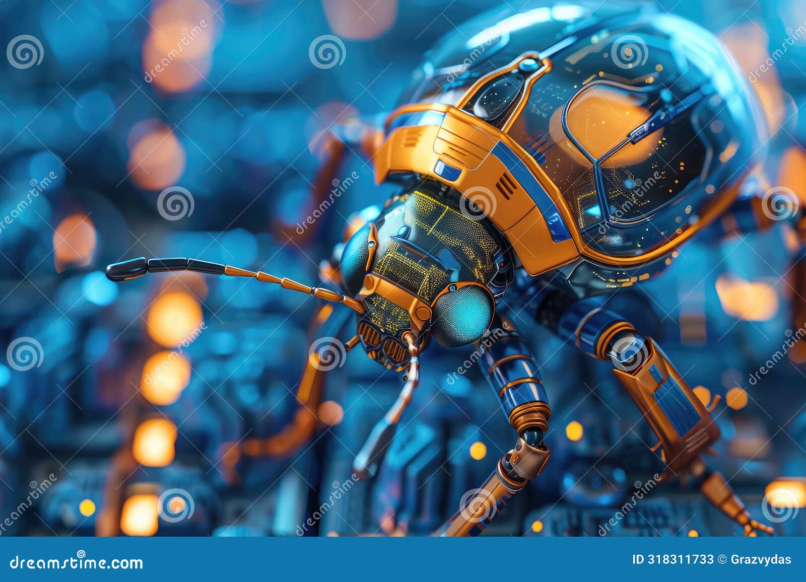 Robot Bug Sits on the Technology Electronic Background Stock ...