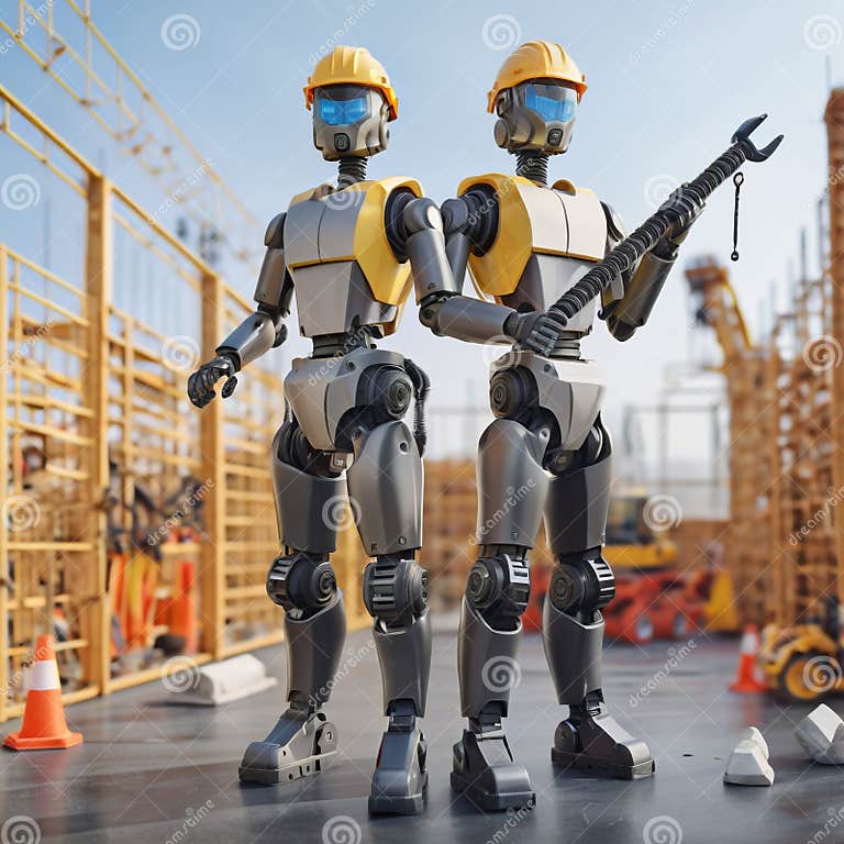 Robot Builders Work on a Construction Site with Tools. Made with AI ...