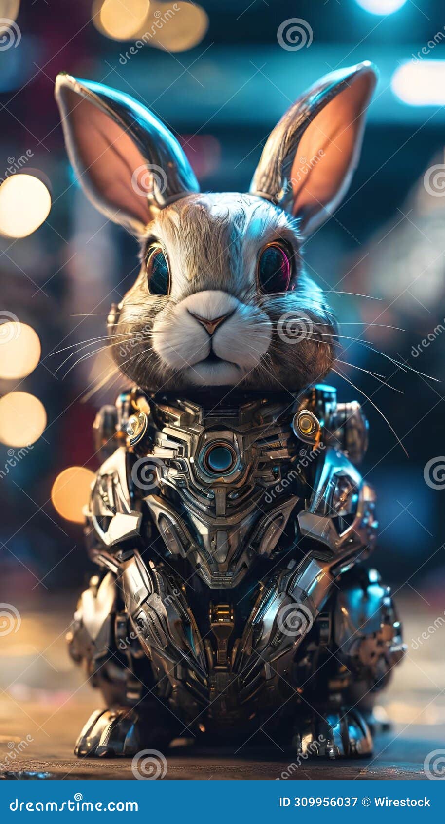 A Robot Bunny Sitting on a Table in Front of Blurred Lights Stock ...