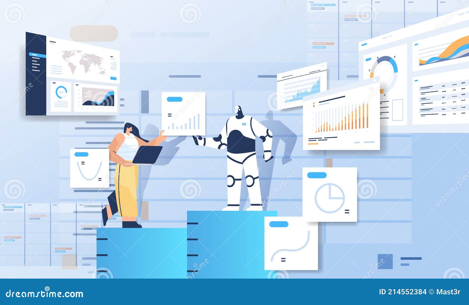 Robot with Businesswoman Analyzing Statistics Graphs Financial Data ...