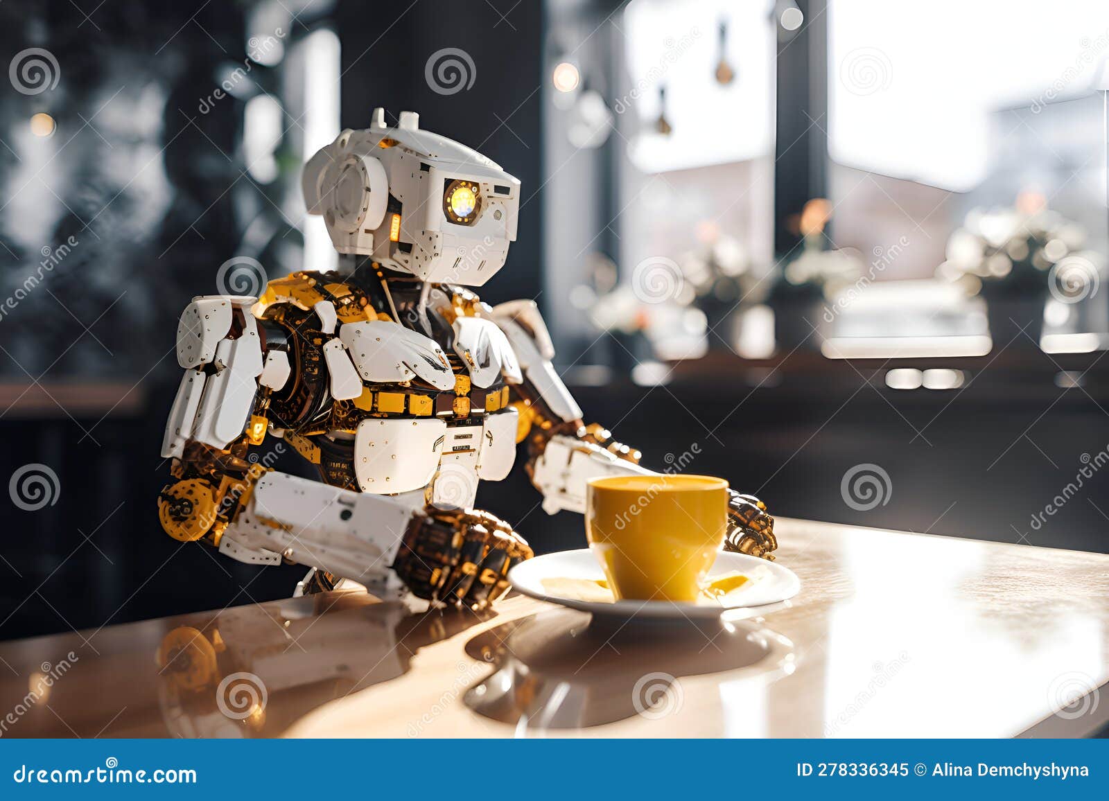 A Robot in a Cafe with a Cup of Coffee, Generative AI Stock ...