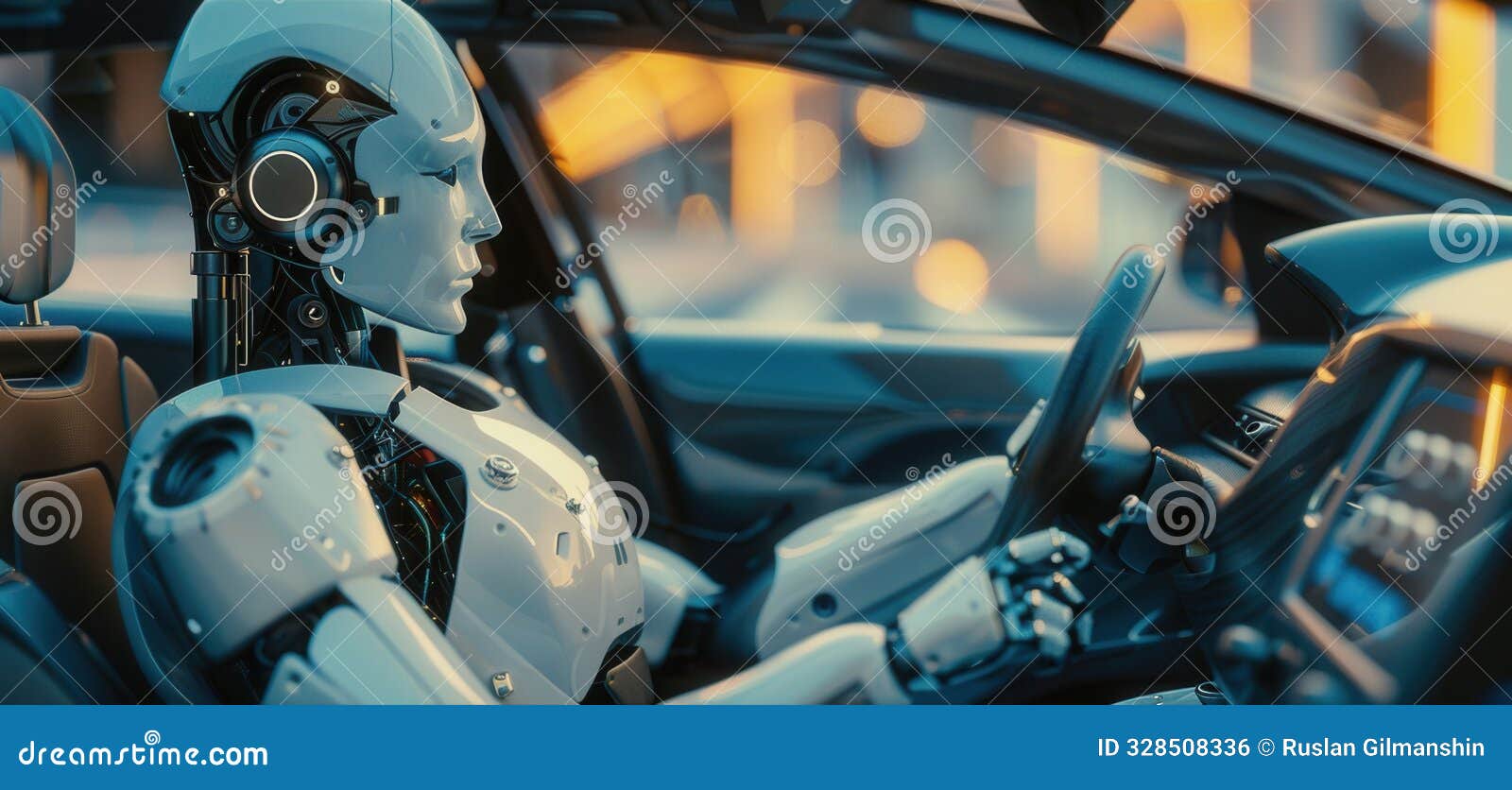 Robot in a Car with Hands on a Steering Wheel. Artificial Intelligence ...