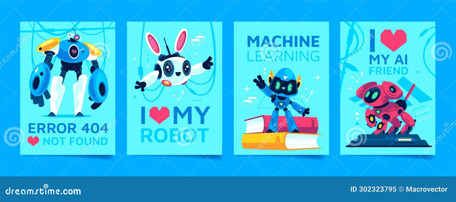 Robot Cards in Flat Cartoon Style Stock Illustration - Illustration of ...