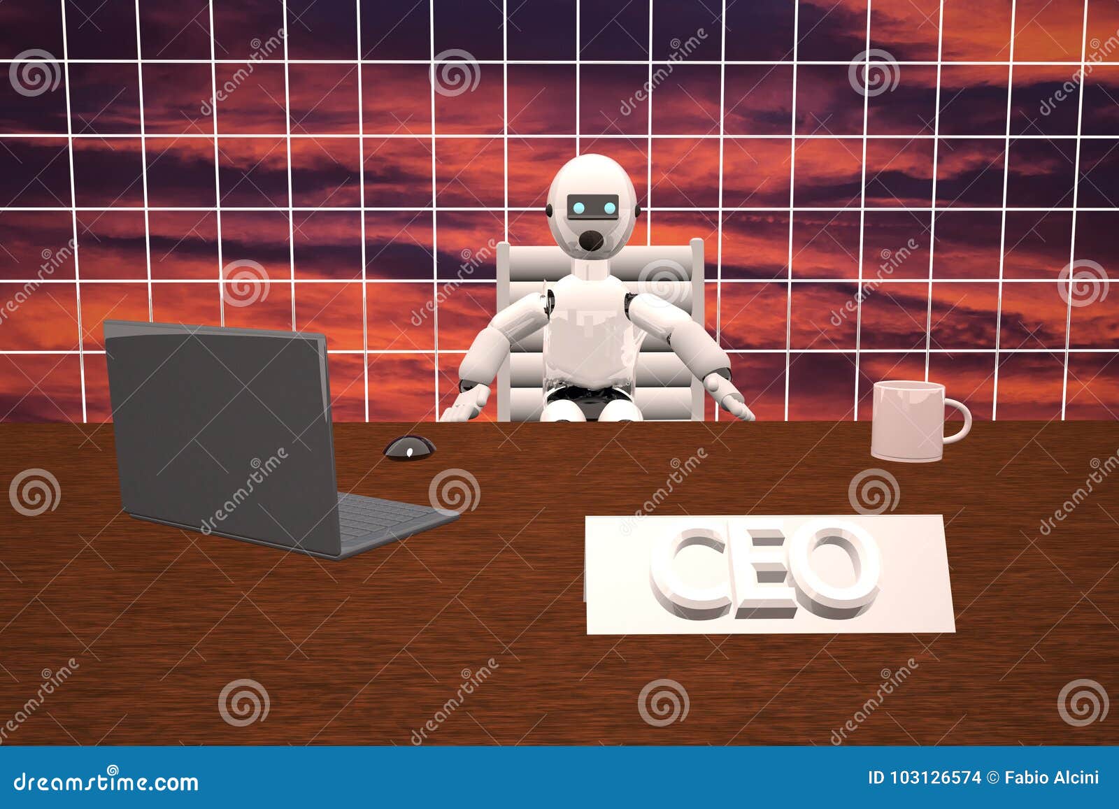 Robot CEO at his desktop stock illustration. Illustration of white ...