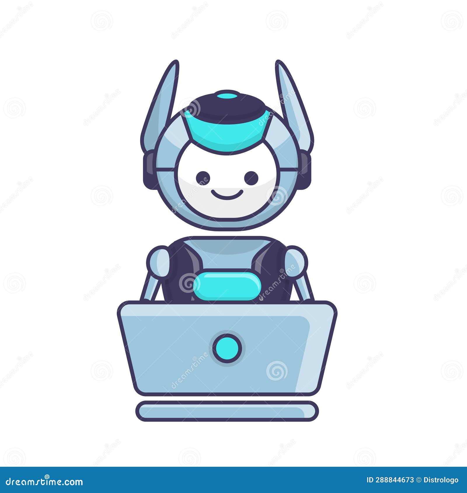 Robot Character Work with Laptop Vector Illustration. Cute Cartoon ...