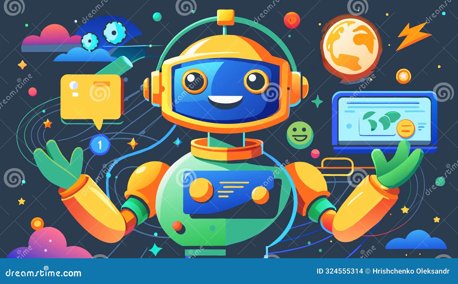 Robot Chat Bot with Smiling Face in Cartoon Style. it is Surrounded by ...