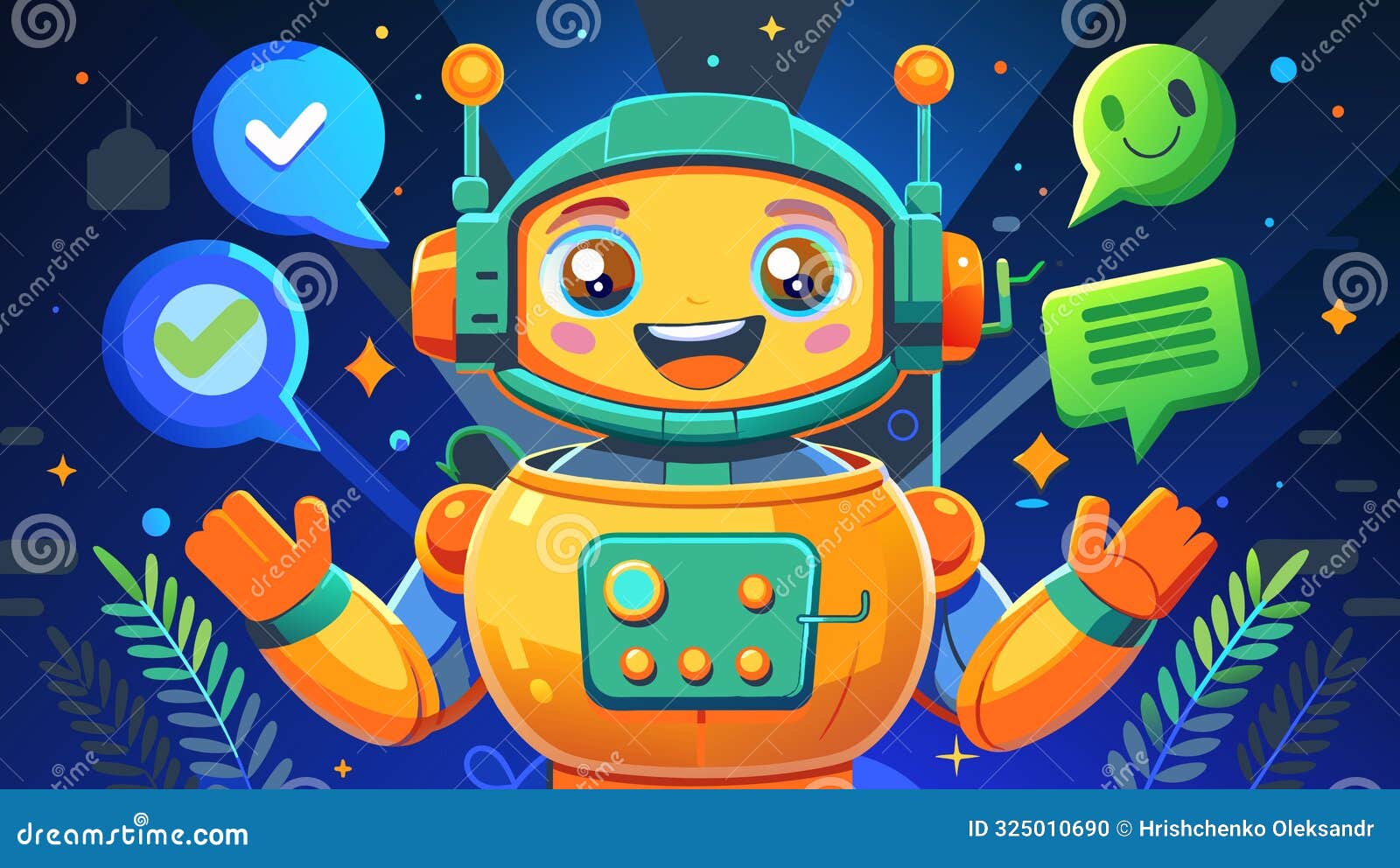 Robot Chat Bot with Smiling Face in Cartoon Style. it is Surrounded by ...