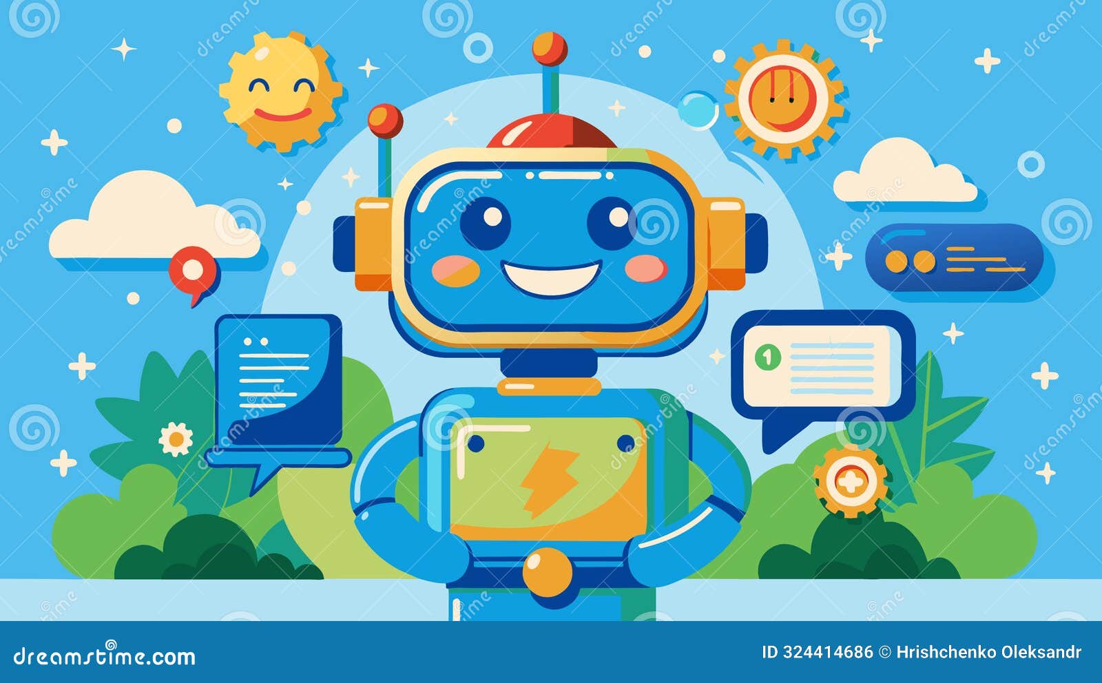 Robot Chat Bot with Smiling Face in Cartoon Style. it is Surrounded by ...