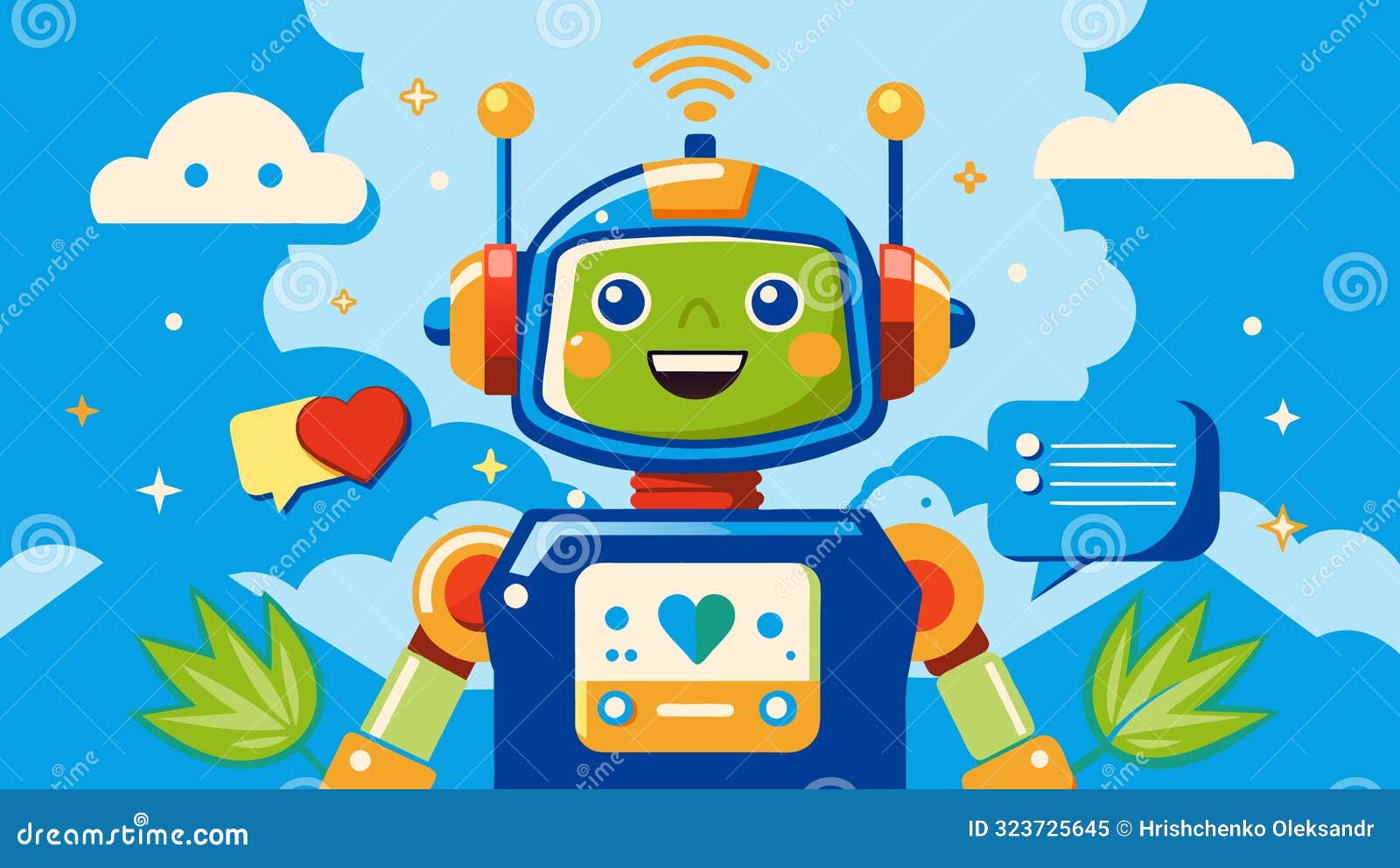 Robot Chat Bot with Smiling Face in Cartoon Style. it is Surrounded by ...