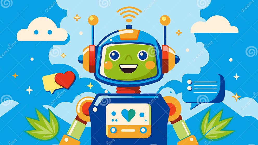 Robot Chat Bot with Smiling Face in Cartoon Style. it is Surrounded by ...
