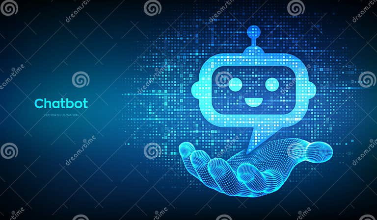 Robot Chatbot Head Icon Sign Made With Binary Code In Wireframe Hand Chatbot Assistant