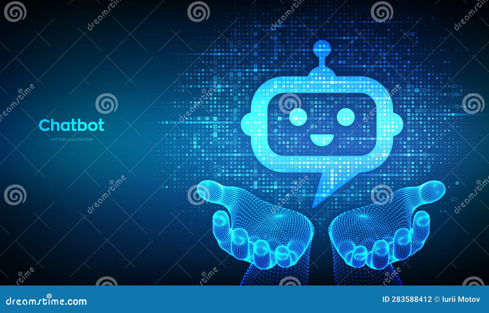 Robot Chatbot Head Icon Sign Made with Binary Code in Wireframe Hands ...