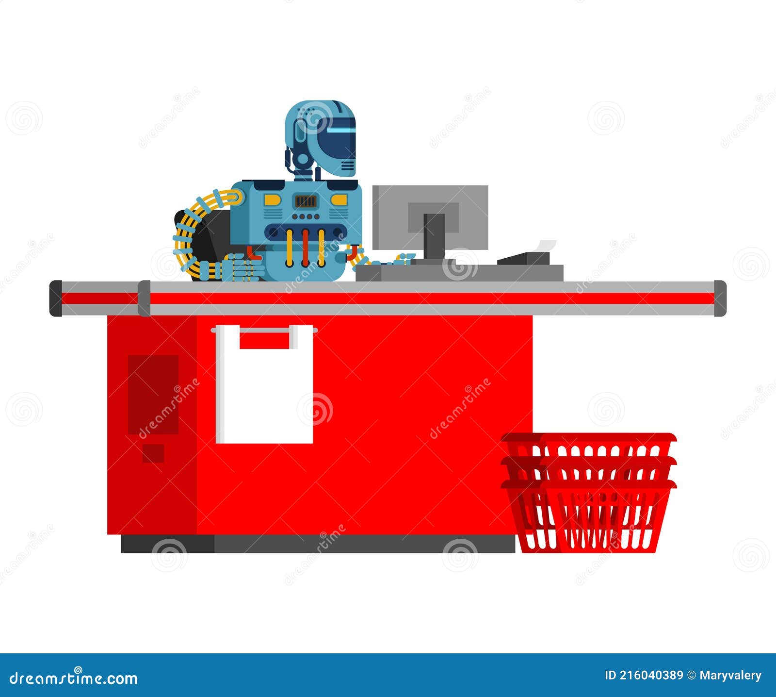 Robot at Checkout Counter in Supermarket. Technology of Future Stock ...