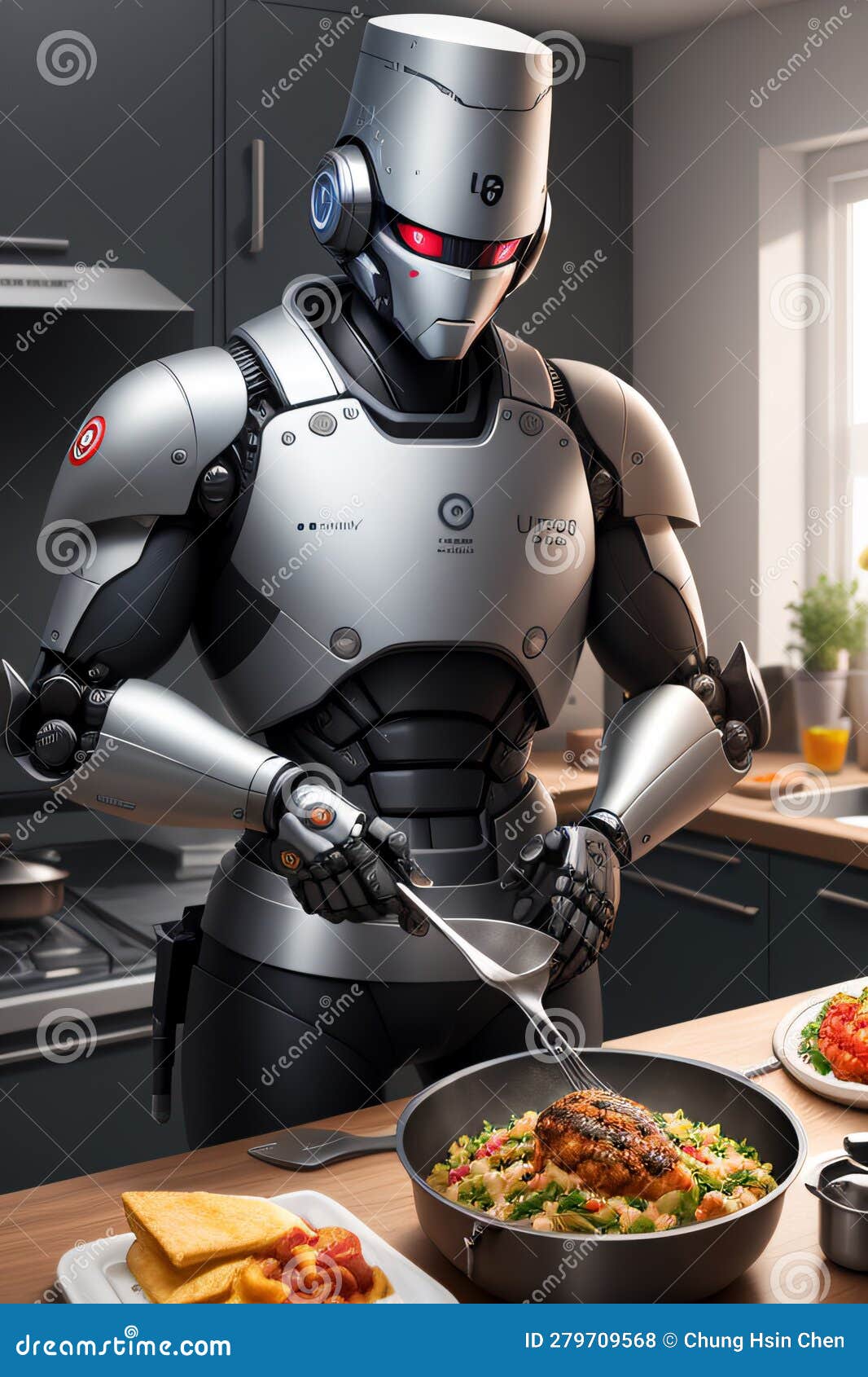 Robot Chef Cooking Beef in the Kitchen for Human Stock Illustration ...