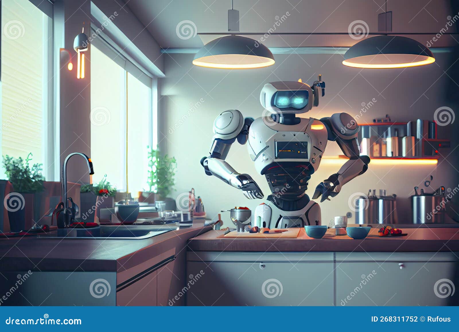 Robot Chef Cooking in Kitchen of Future Home Genius, Smart Robot ...