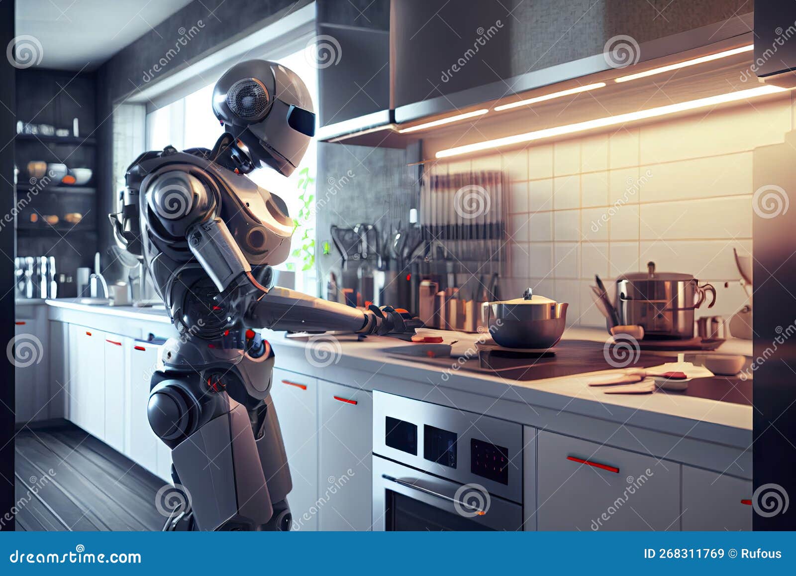 Robot Chef Cooking in Kitchen of Future Home Genius, Smart Robot ...