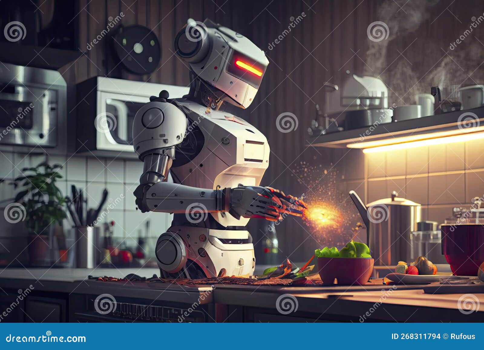 Robot Chef Cooking in Kitchen of Future Home Genius, Smart Robot ...