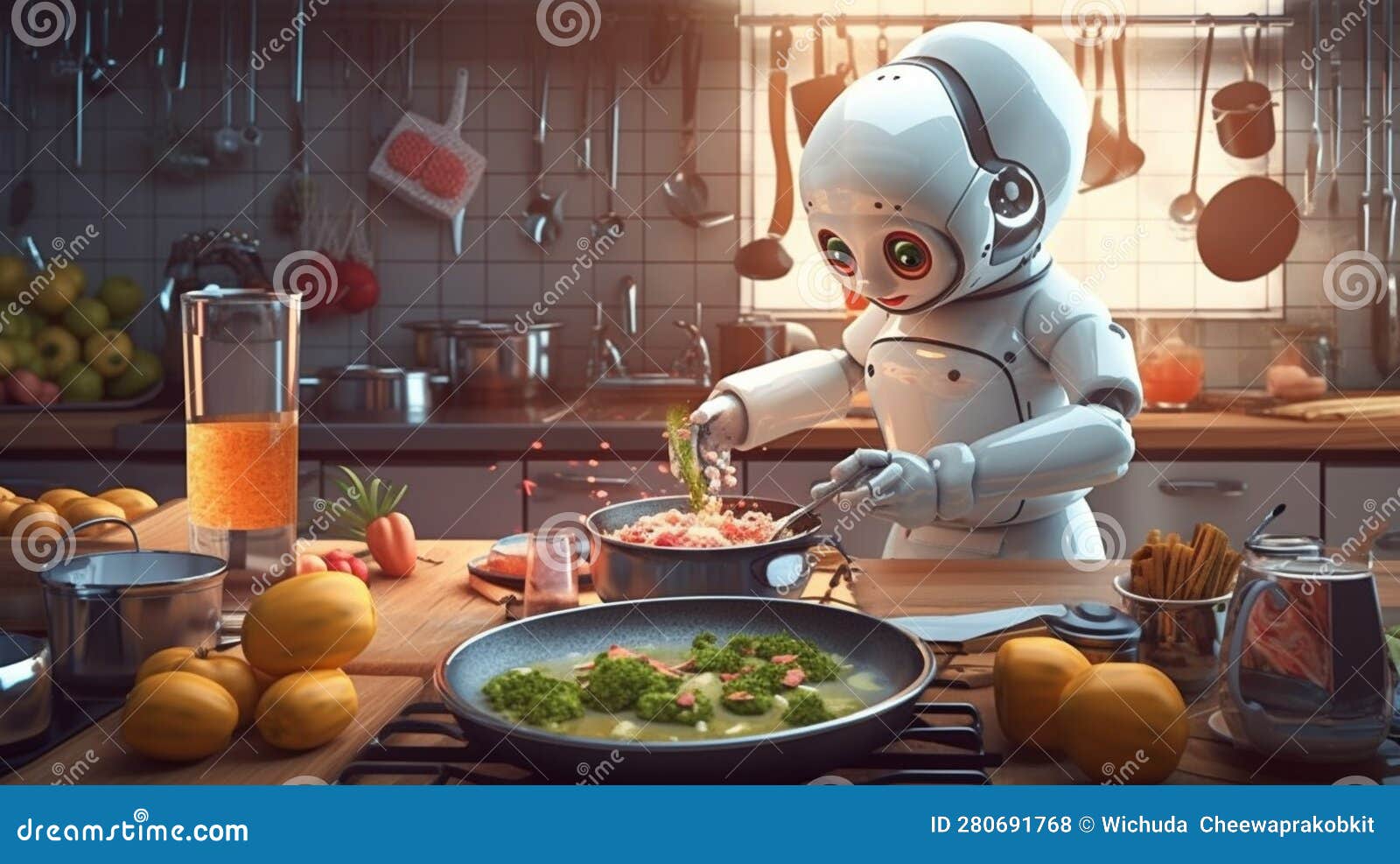 3d Rendering of Robot Chef Cooking Soup in a Modern Kitchen. Stock ...