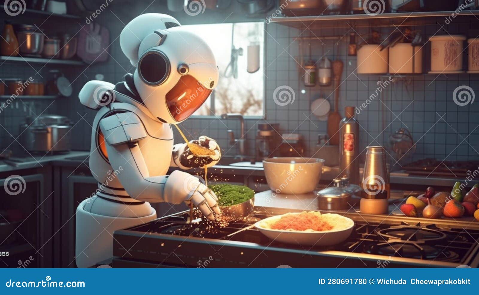 3d Rendering Humanoid Robot Cooking Spaghetti in the Kitchen. Stock ...