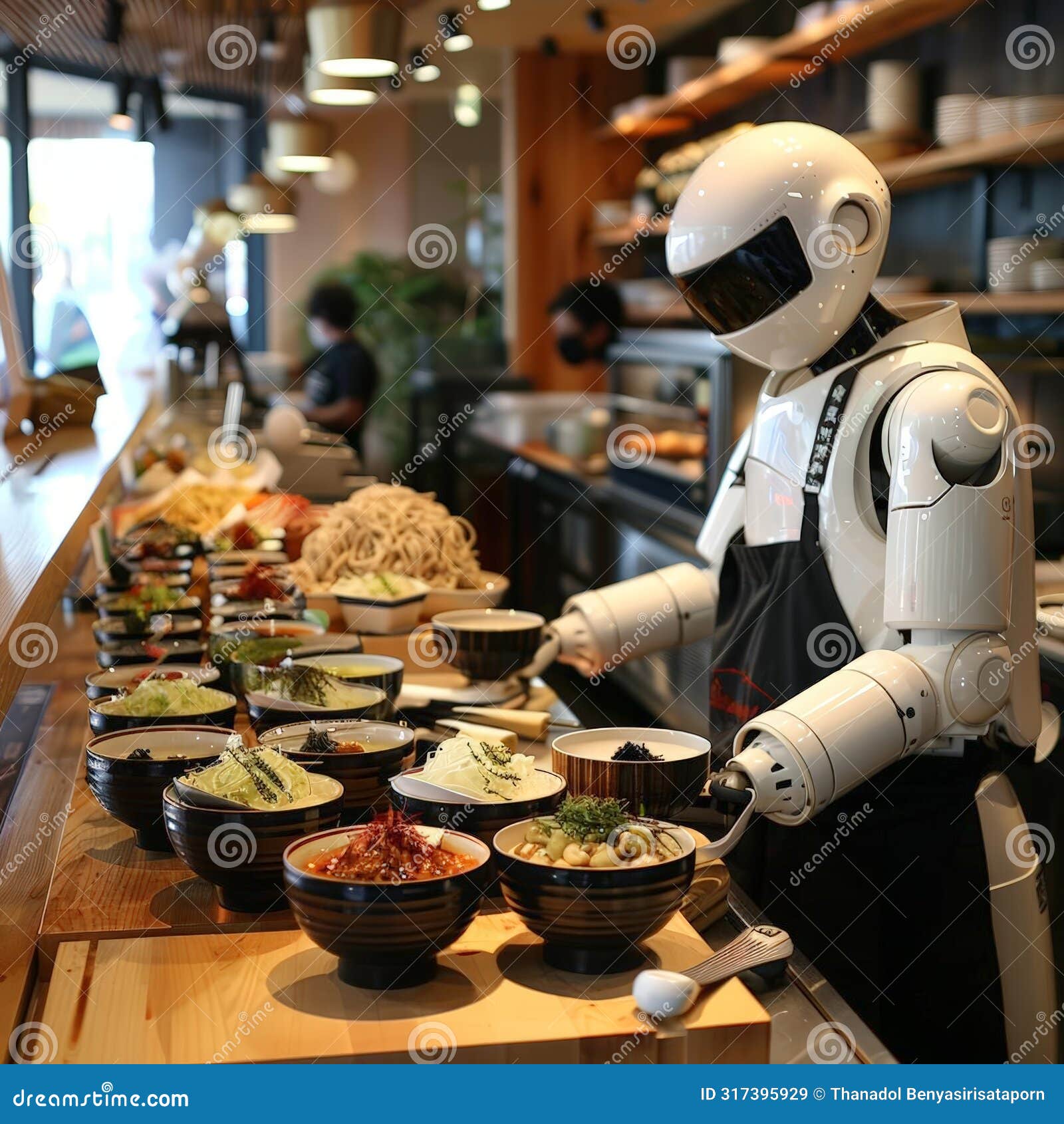 A Robot Chef is Preparing a Meal in a Restaurant. the Robot is Wearing ...