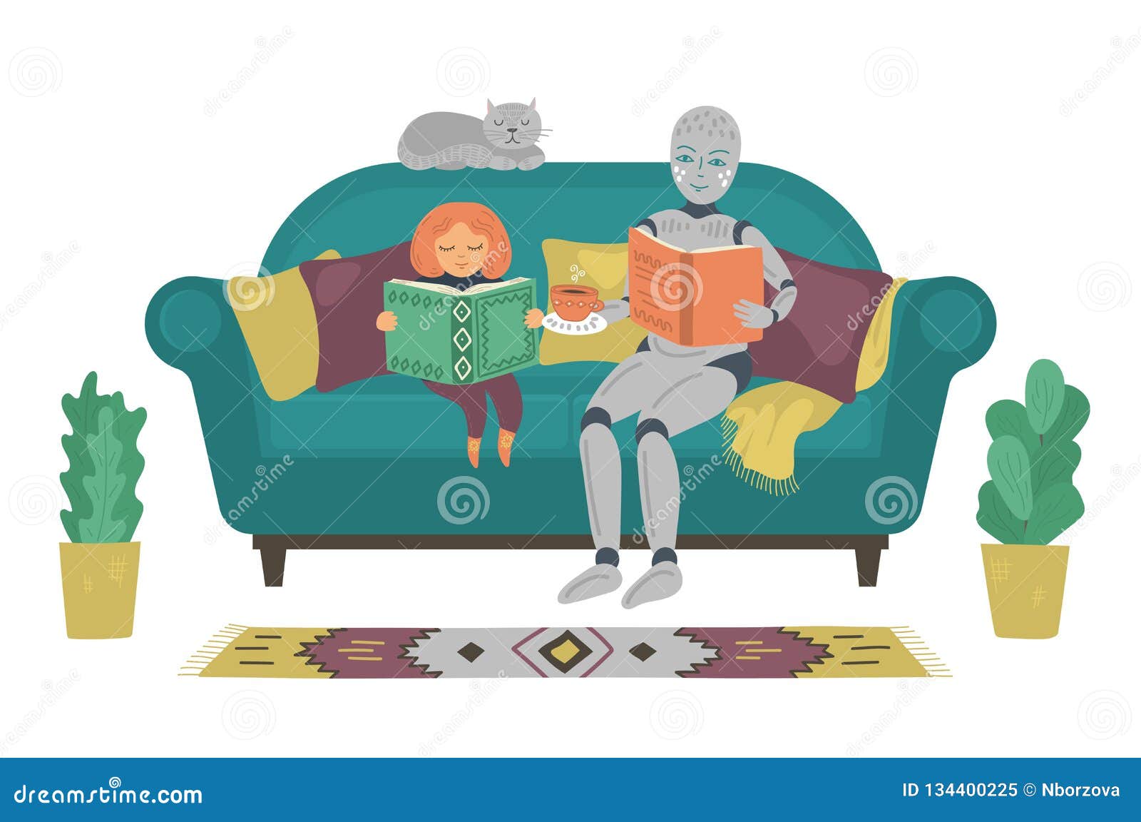 Robot with Child Reading Book on Sofa at Home. Robot Help Girl To Do ... Robot with Child Reading Book on Sofa at Home. Robot Help Girl To Do ...