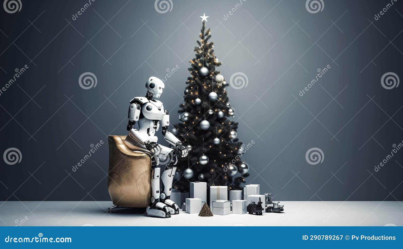 Robot, Christmas Tree and Gifts, Generative AI. Stock Illustration ...