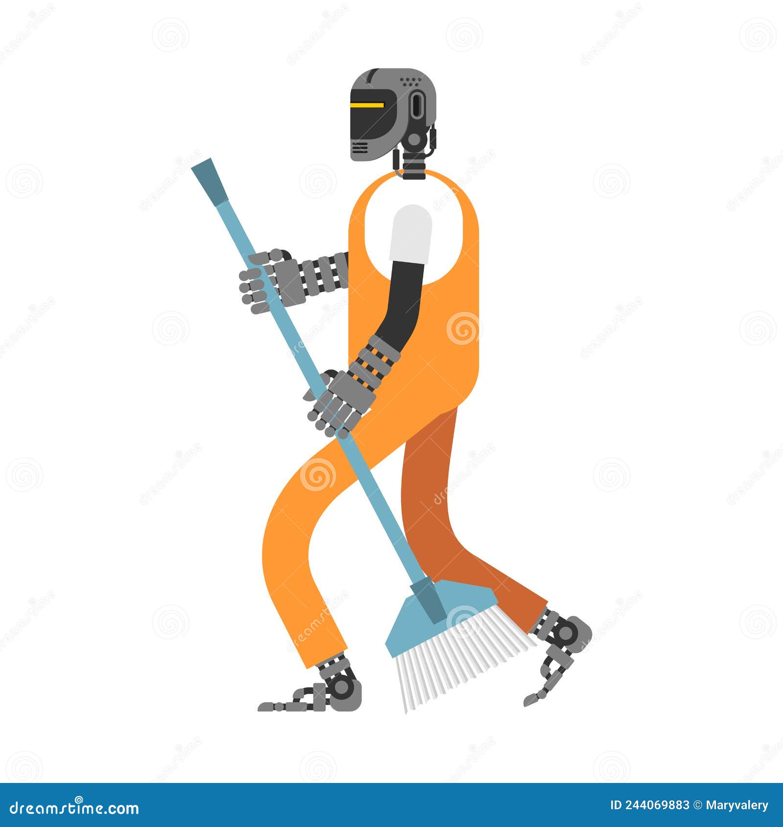 Robot Janitor Holding Broom Cartoon Icon. Android On Wheels With Besom ...