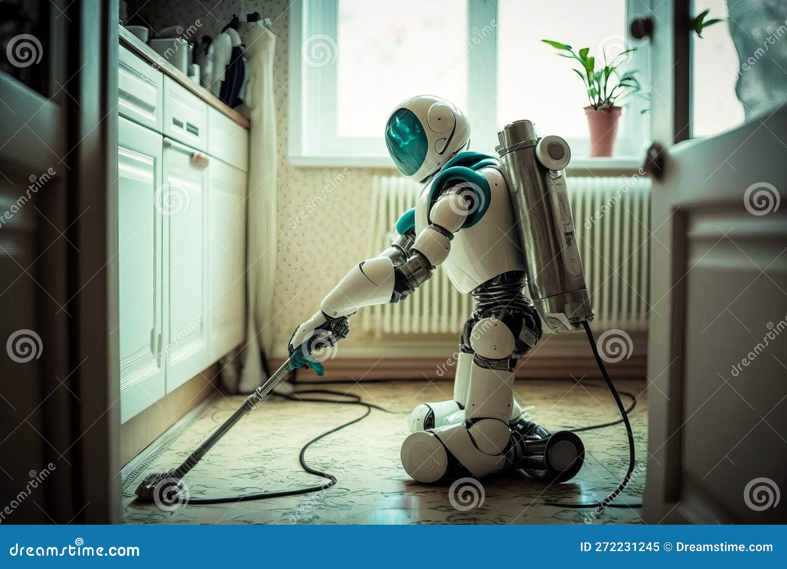 Robot Cleaning the Floor in Kitchen. Generative AI Stock Illustration ...