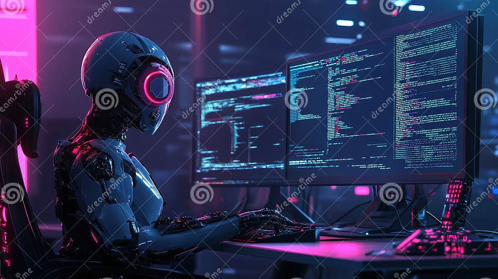 Robot Coder Working at a Neon-lit Screen in a Futuristic Setting Stock ...