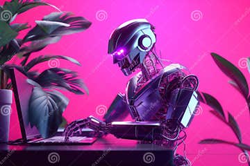 Robot with Computer. New Technologies. Artificial Intelligence. GPT ...