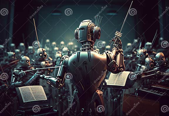 Robot Conductor Leads a Robotic Orchestra. AI Generated Stock ...