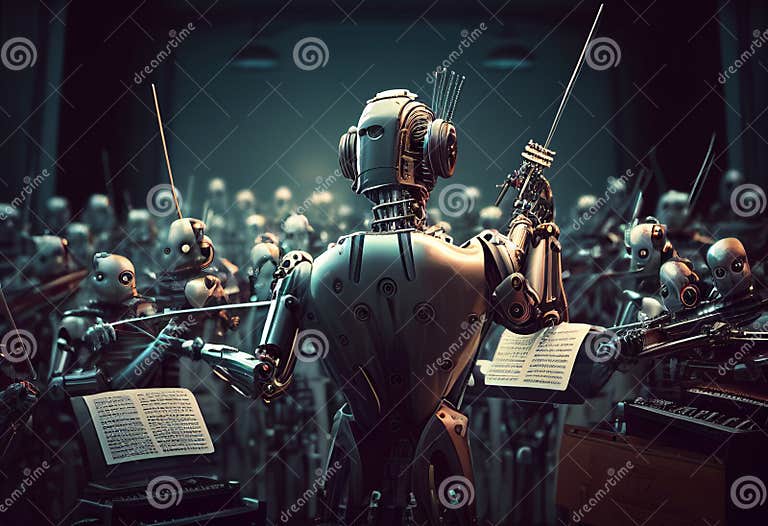 Robot Conductor Leads a Robotic Orchestra. AI Generated Stock ...