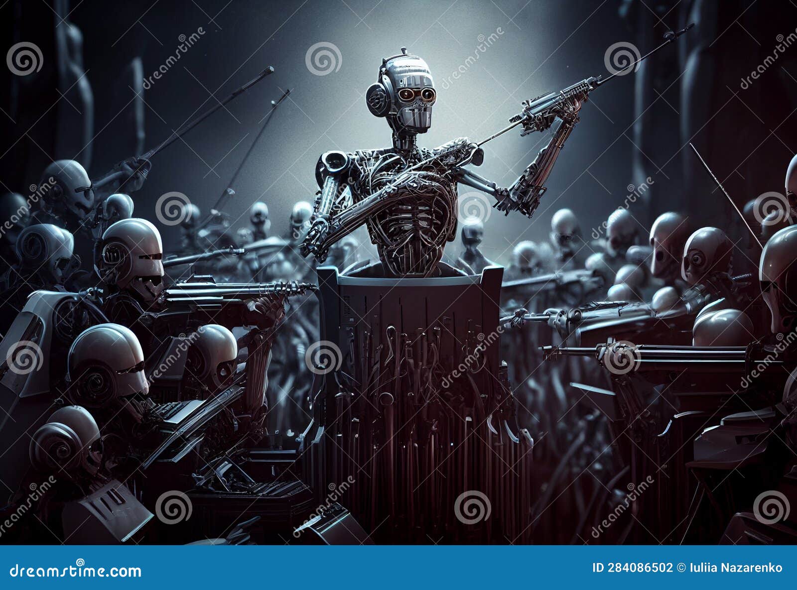 Robot Conductor Leads a Robotic Orchestra. AI Generated Stock ...