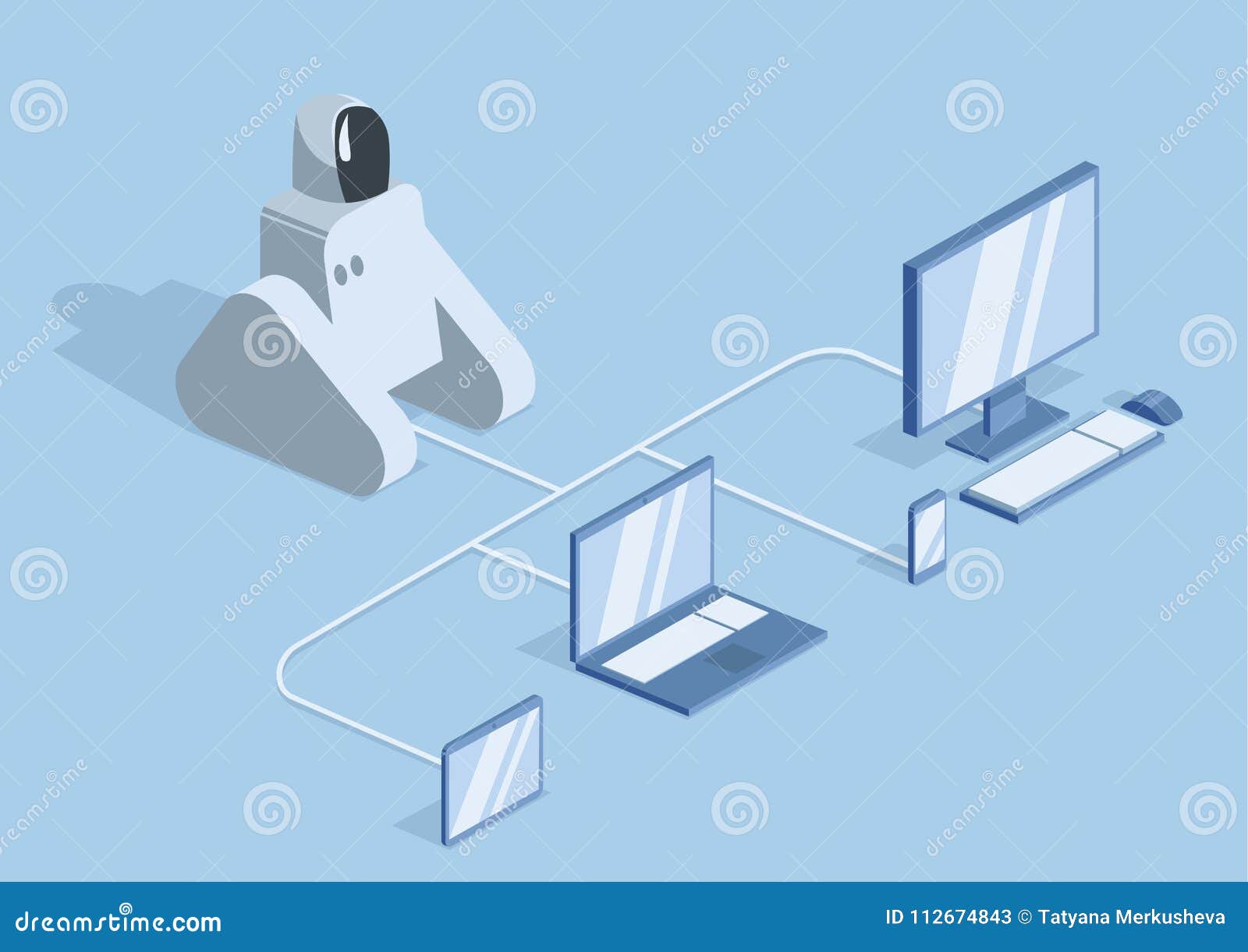 A Robot Connected by Wires To a Computer, Laptop and Mobile Gadgets ...