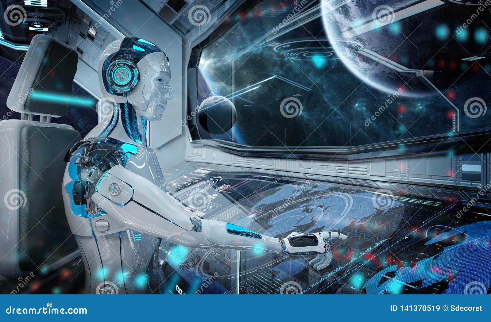 Robot in a Control Room Flying a White Modern Spaceship with Window ...