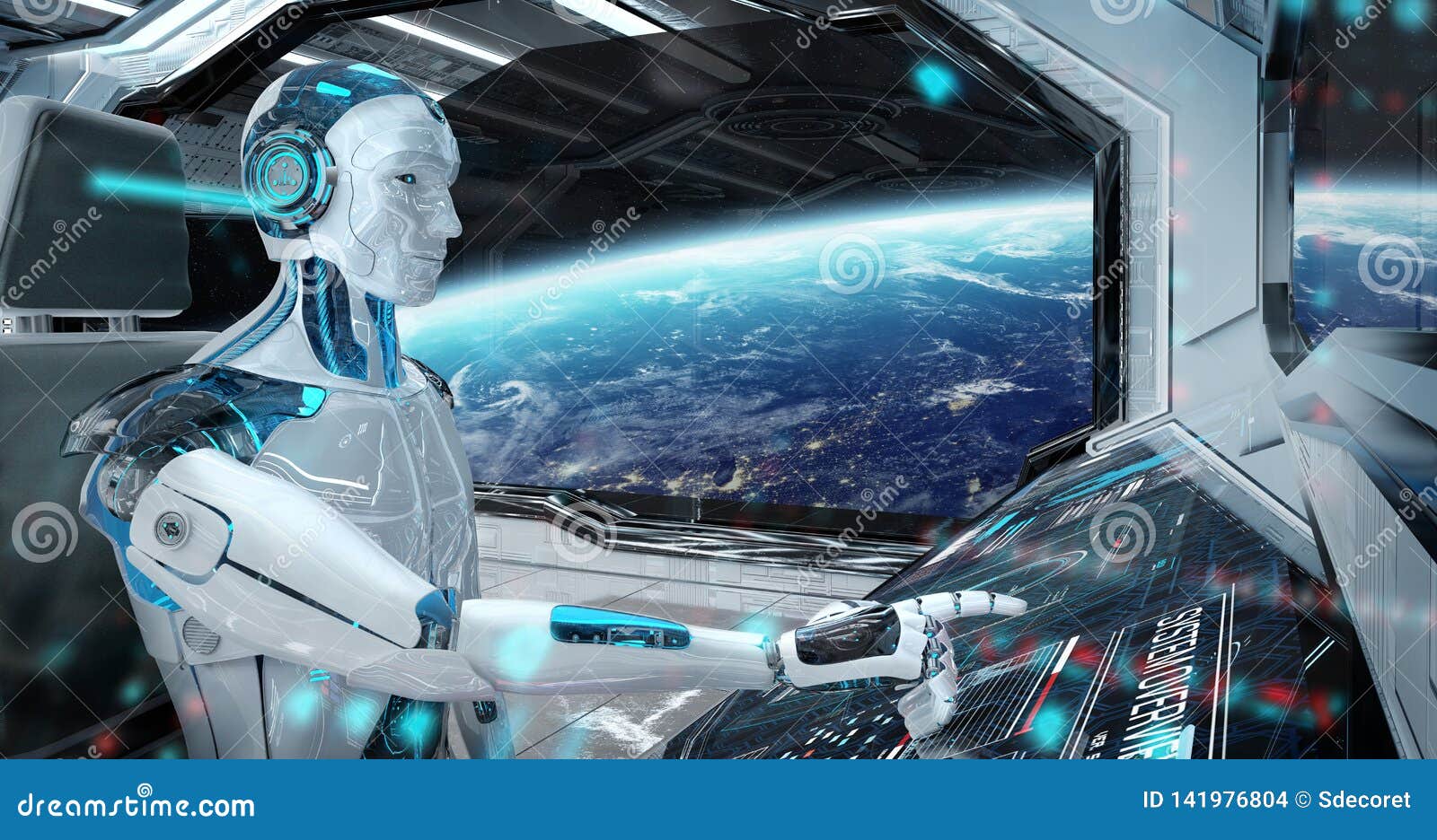 Robot in a Control Room Flying a White Modern Spaceship with Window ...