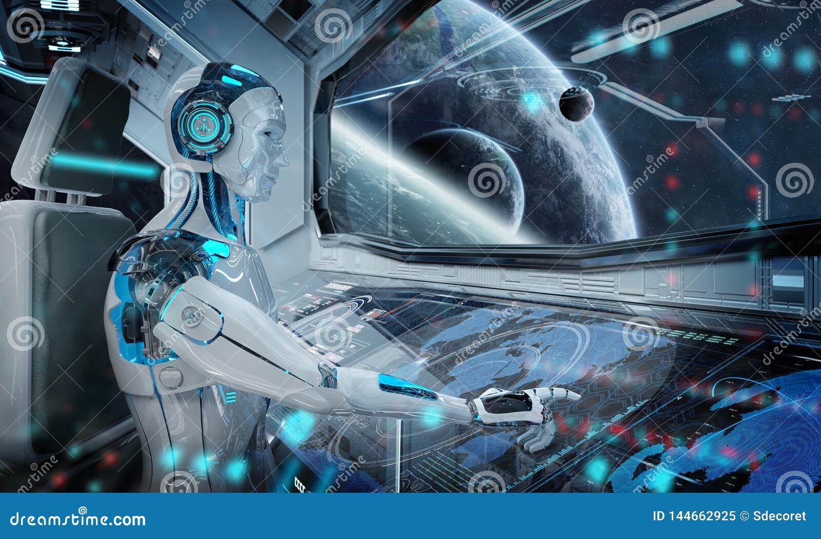 Robot in a Control Room Flying a White Modern Spaceship with Window ...
